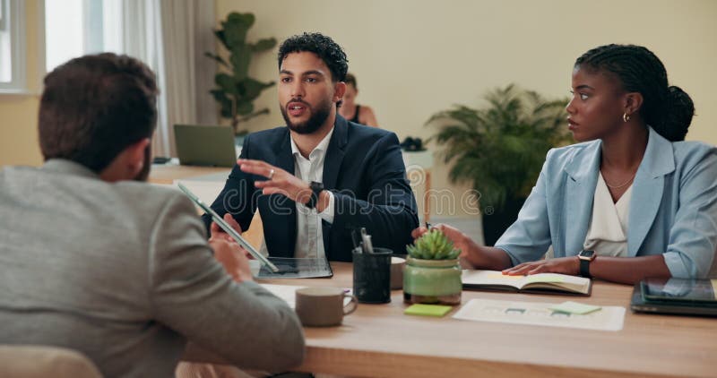 Interview, Notebook and Tablet with Business People in Office for Onboarding or Recruitment ...