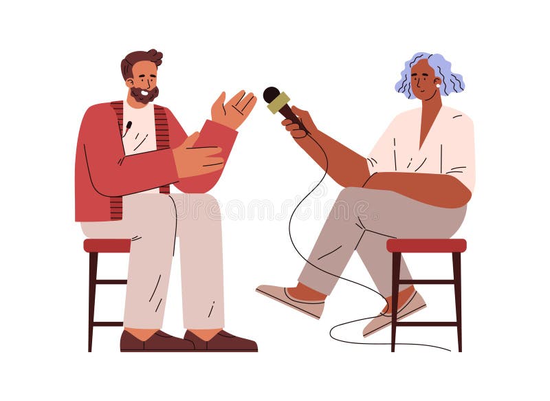 Interview Process, Smiling Woman Holding Microphone, Speaker Man Flat ...