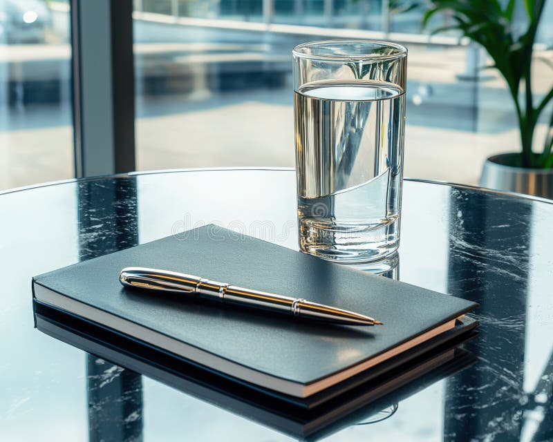 Interview Table Setup with Glass of Water, Notebook, and Pen Stock ...