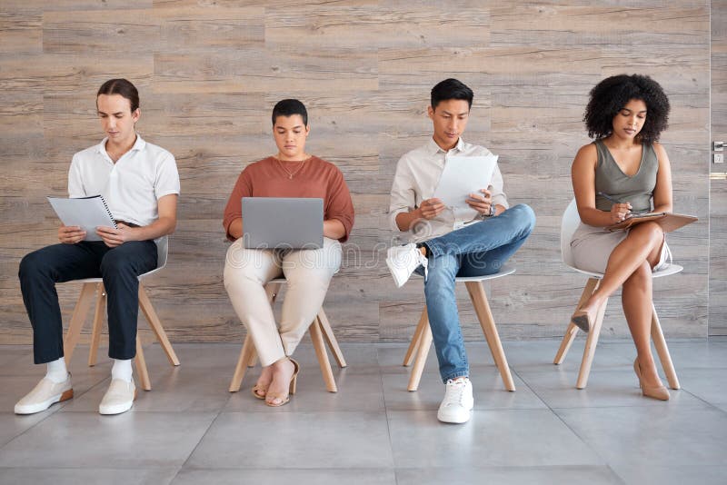 Interview, Waiting Room and People with Technology Ready for ...