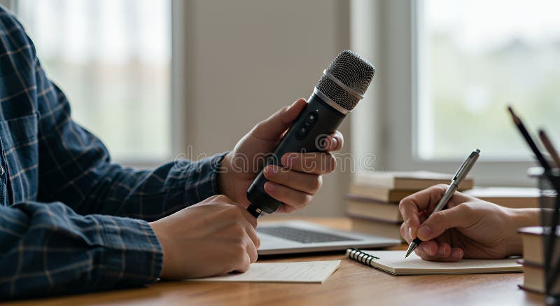 Interviewer Holding a Microphone while the Other Person Takes Notes on ...