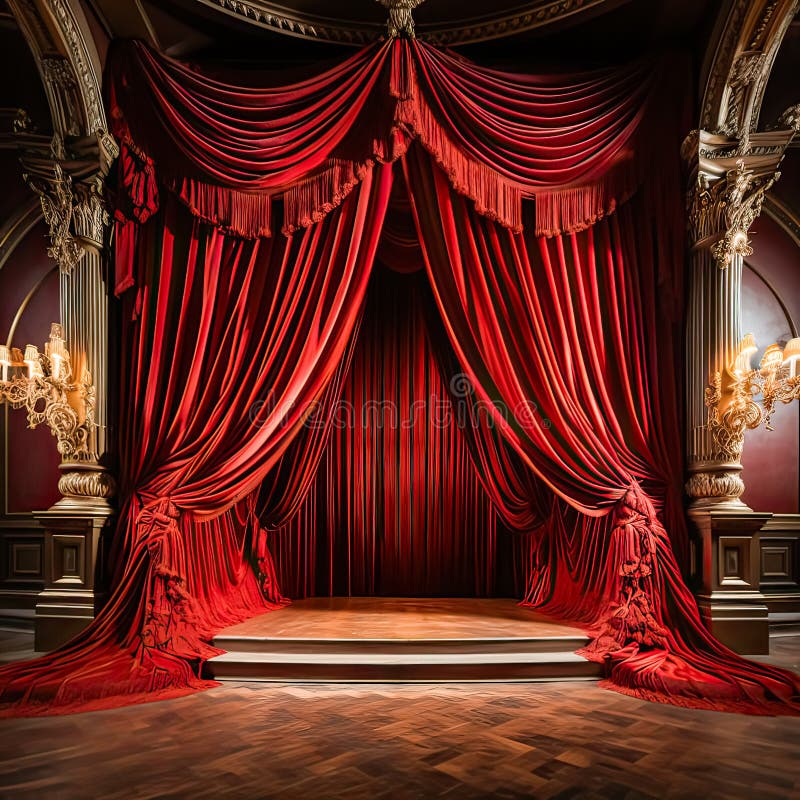 Intimate Allure, Small Stage Adorned with Lush Red Velvet Curtains ...