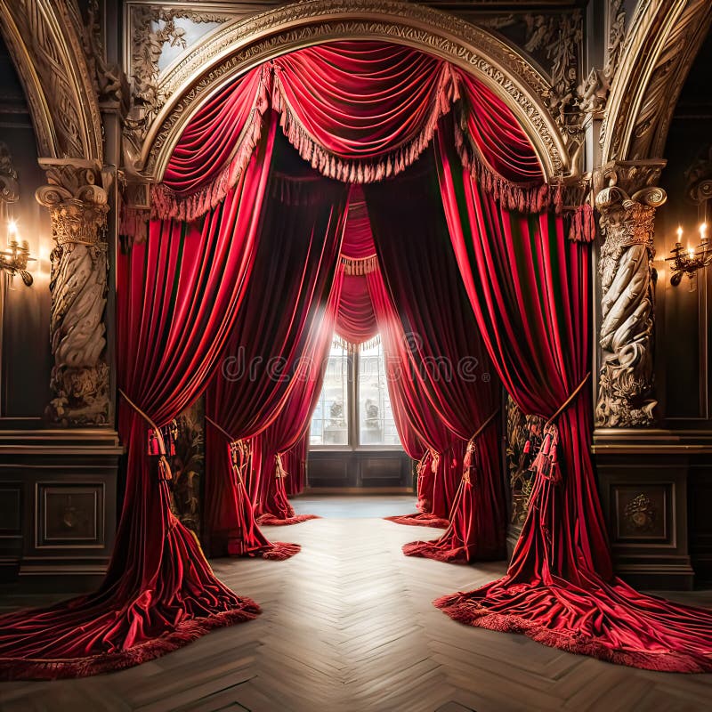 Intimate Allure, Small Stage Adorned with Lush Red Velvet Curtains ...