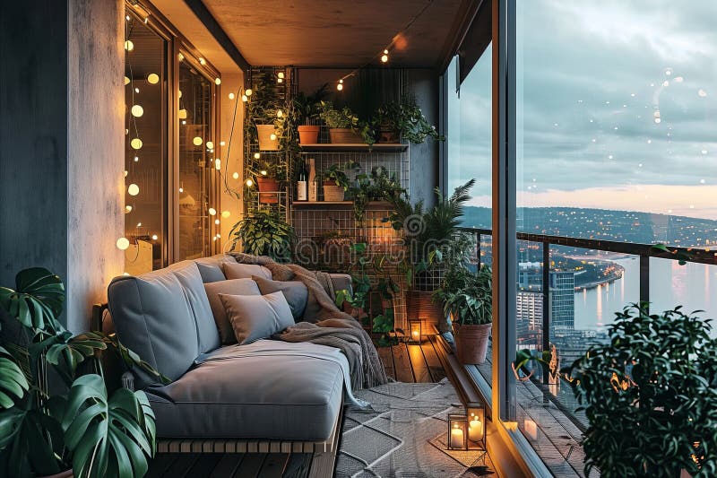 Intimate Balcony Setting with a Sofa, Decorative Lights, and an Array ...