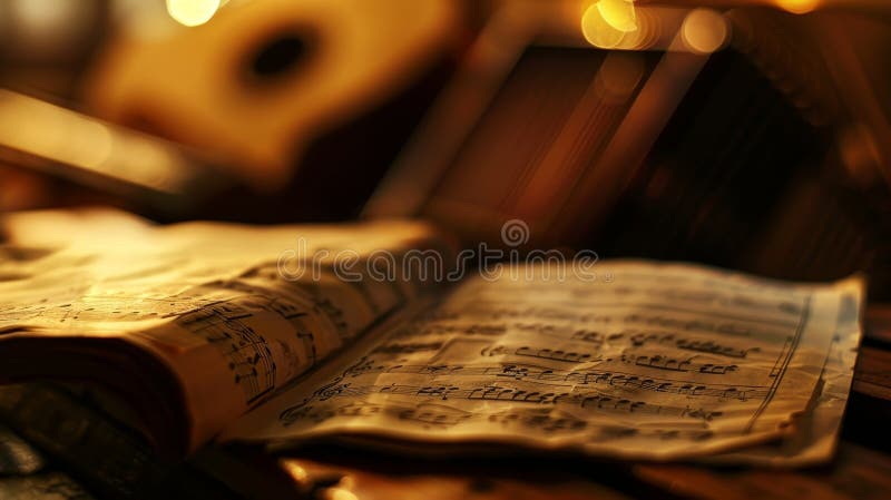 Intimate Close Up of Music Sheets Surrounded by Instruments in a Warmly ...