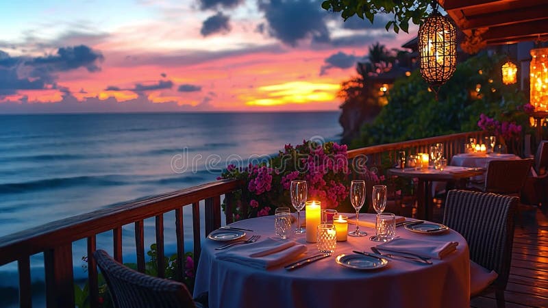 Romantic Beachfront Dining at Sunset with Candlelit Tables and Ocean ...
