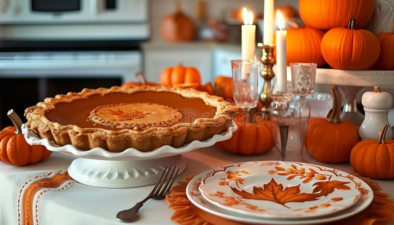 Intimate Dining Pumpkin Pie Centerpiece on a Small Kitchen Table Stock Illustration ...