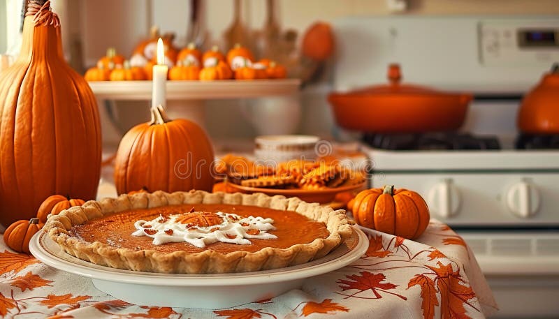 Intimate Dining Pumpkin Pie Centerpiece on a Small Kitchen Table Stock ...