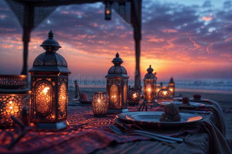 Intimate Dining Scene on the Beach with Ornate Lanterns As Dusk Sets in ...