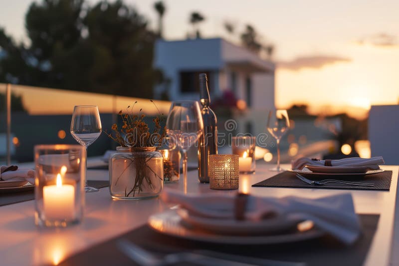 An Intimate Dinner Setting Outdoors with Candles and String Lights at ...