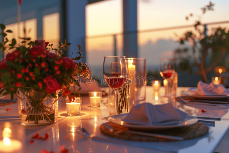 An Intimate Dinner Setting Outdoors with Candles and String Lights at ...