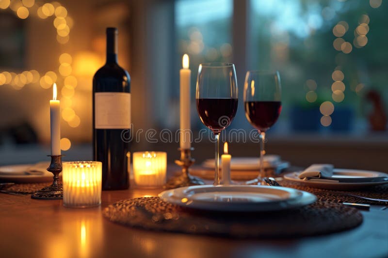 Intimate Dinner Setting with Wine and Candles. Stock Photo - Image of ...