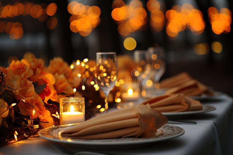 An Intimate Dinner Table Setting Illuminated by Glowing Lights ...