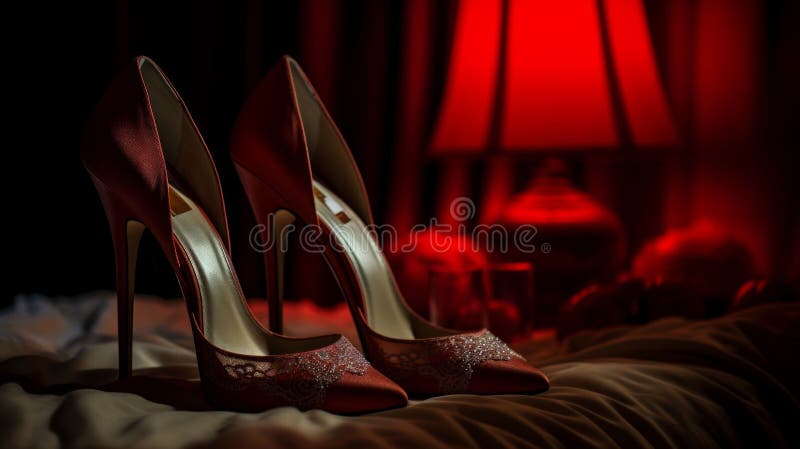 Intimate Elegance: Red High Heels on a Soft Bed. Generative Ai Stock ...