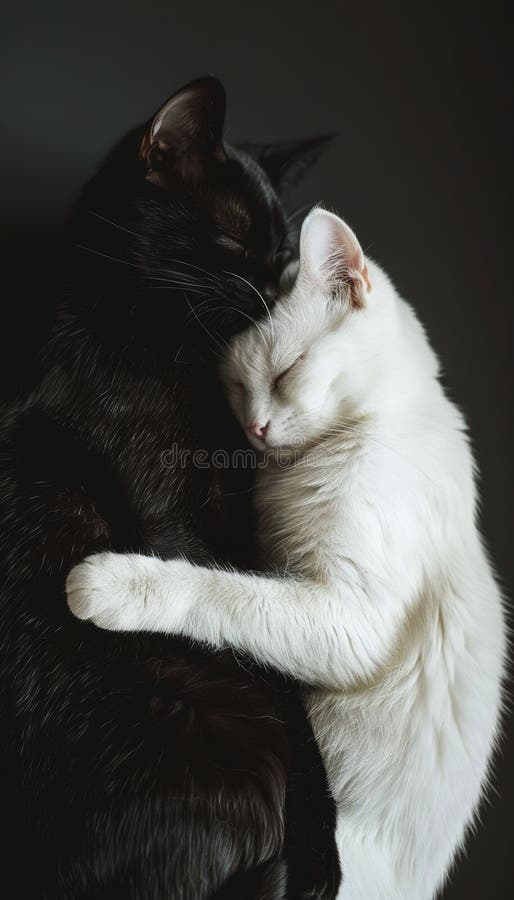 Intimate Embrace a Black Cat and White Cat Snuggling Together Against a ...