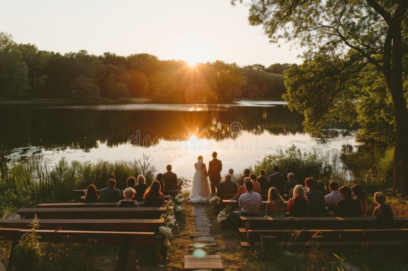 An Intimate Outdoor Wedding Ceremony by a Serene Lakeside, with Sunset ...