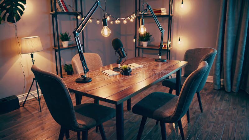 Intimate Podcast Studio with Warm Lighting and Inviting Setup Stock ...