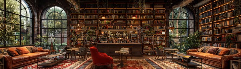 Intimate Poetry Cafe with a Stage and Book-lined Walls3D Render Stock ...