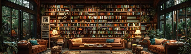 Intimate Poetry Cafe with a Stage and Book-lined Walls3D Render Stock ...