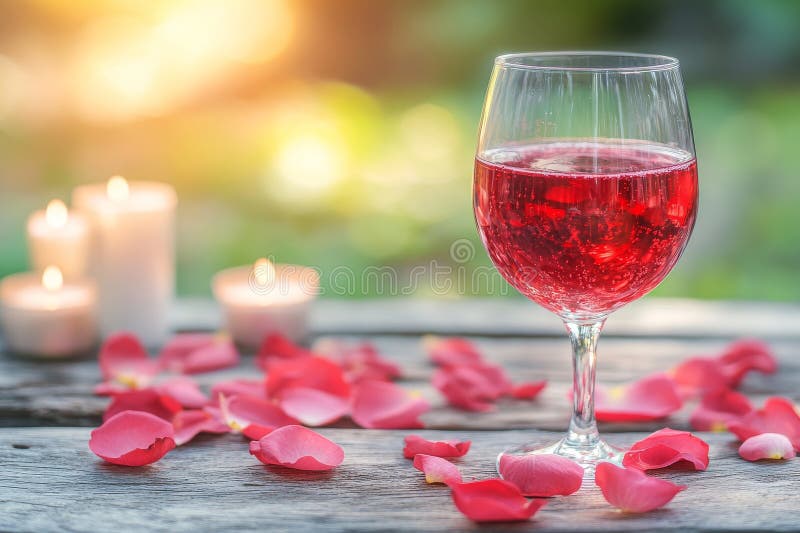 An Intimate Scene with Wine, Candlelight, and Rose Petals Stock Photo ...