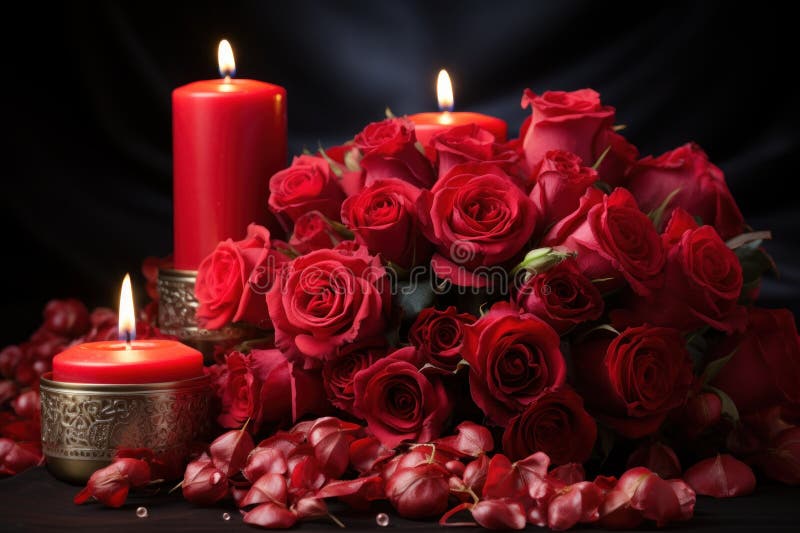 Intimate Setting with Soft Candlelight Embracing Red Roses, Valentine ...