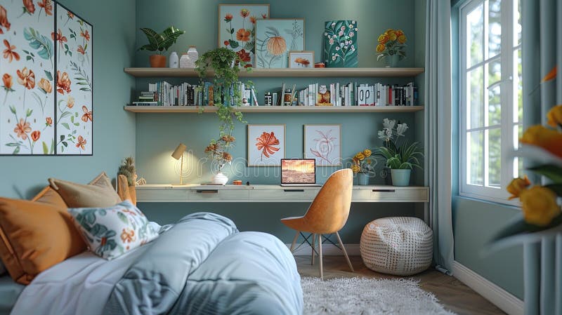 Intimate Shot Capturing a Charming Study Area with a Desk, Bookshelf ...