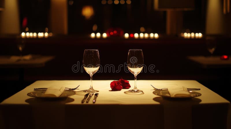 Intimate Valentine Table with Two Place Settings, Dim Lighting Creates ...
