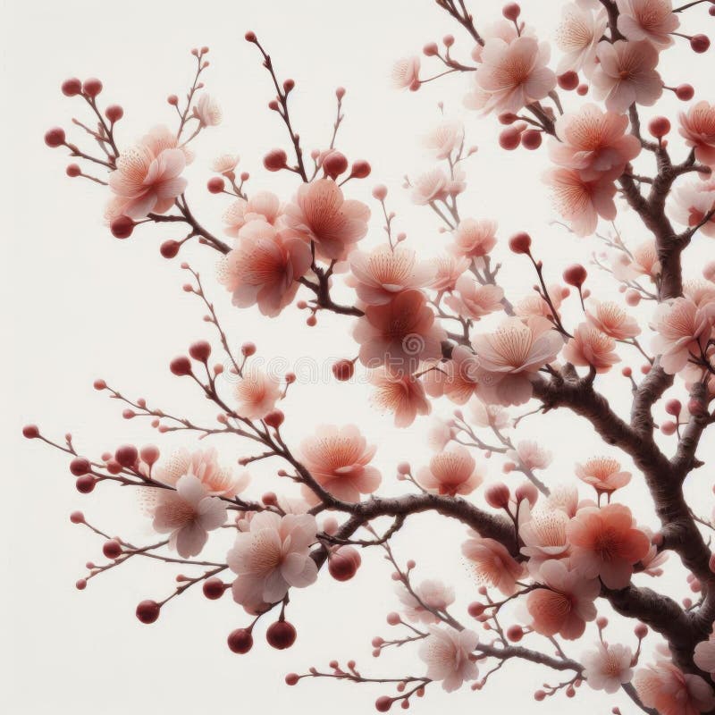 Intimate View of Cherry Blossom Branch Against a Clean White Backdrop ...