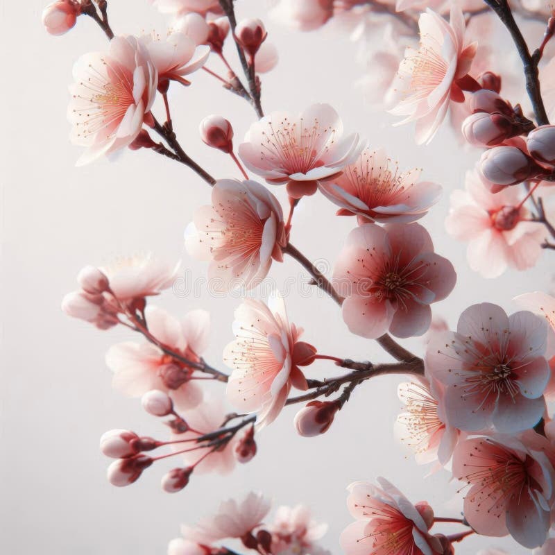 Intimate View of Cherry Blossom Branch Against a Clean White Backdrop ...