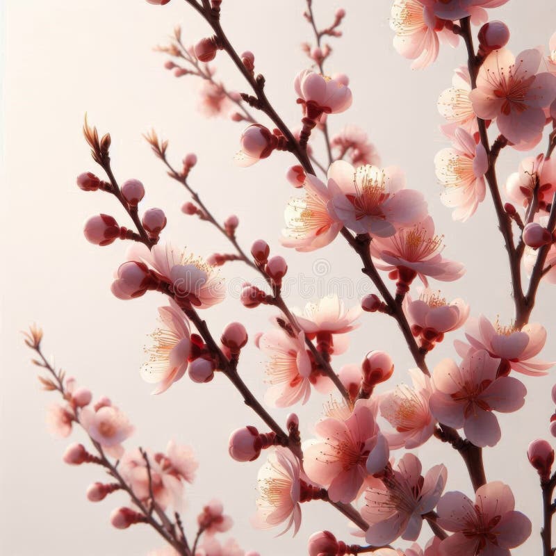 Intimate View of Cherry Blossom Branch Against a Clean White Backdrop ...