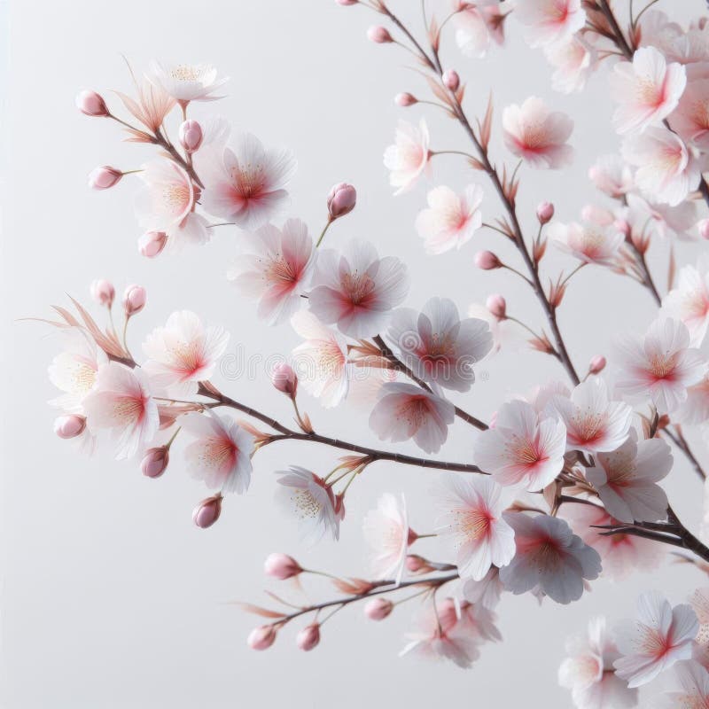 Intimate View of Cherry Blossom Branch Against a Clean White Backdrop ...