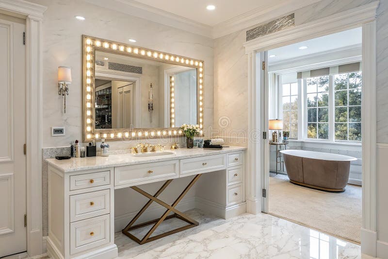 Elegant Master Bathroom and a Freestanding Makeup Vanity. Closeup View ...