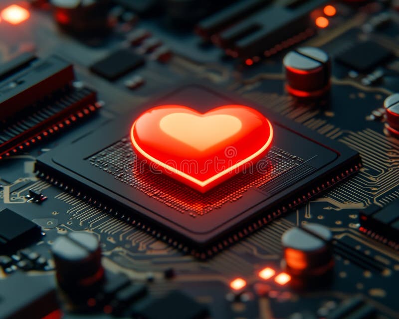 An Intimate View of a Red Heart Icon on a Sleek Circuit Board ...