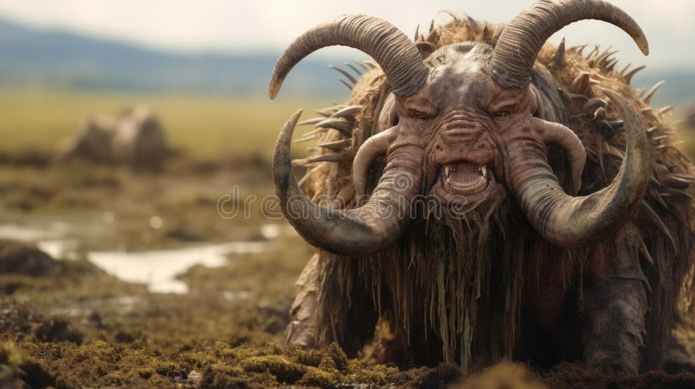 Intimidating Horned Creature in Himalayan Art Style on Desolate Field ...