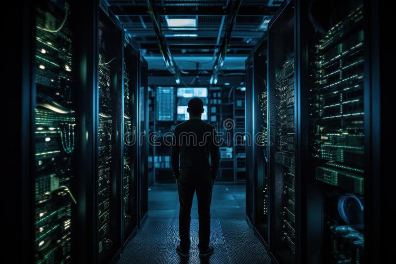 Intimidating Person Standing in Front of Dark Server Room. Generate Ai ...