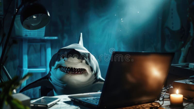 This Intimidating Shark Working on a Computer Highlights the Lurking ...