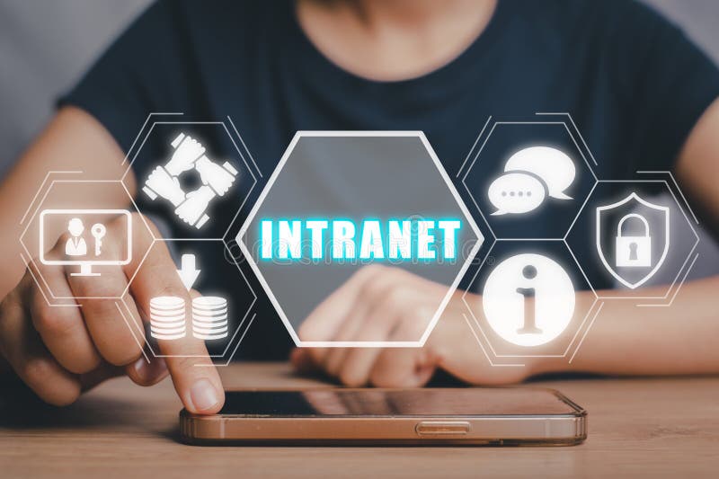 Person Touching on Smart Phone with Intranet Icon on Virtual Screen ...