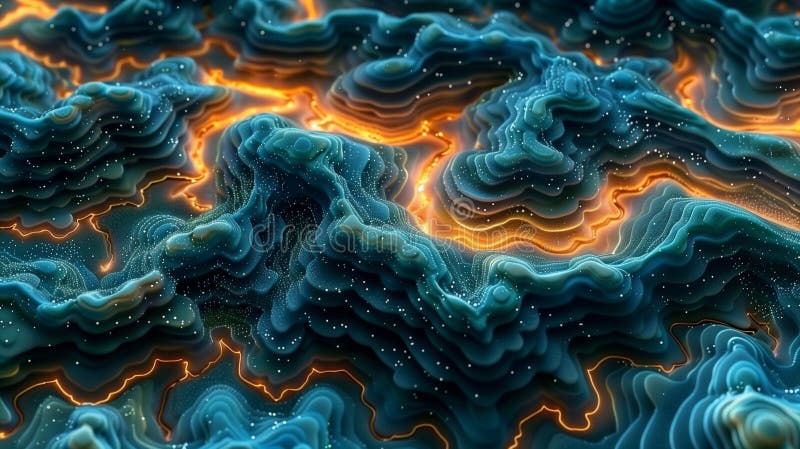 An Intricate Abstract Landscape with Teal and Orange Layers Resembling ...