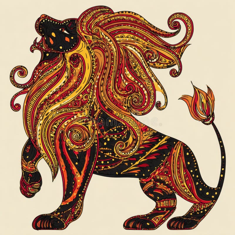 Intricate Abstract Lion with Vibrant Ornate Patterns in Red and Yellow ...