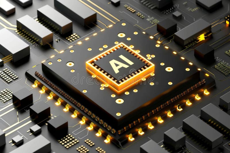 Intricate AI Microchip Illustration with Black and Gold Elements on a ...