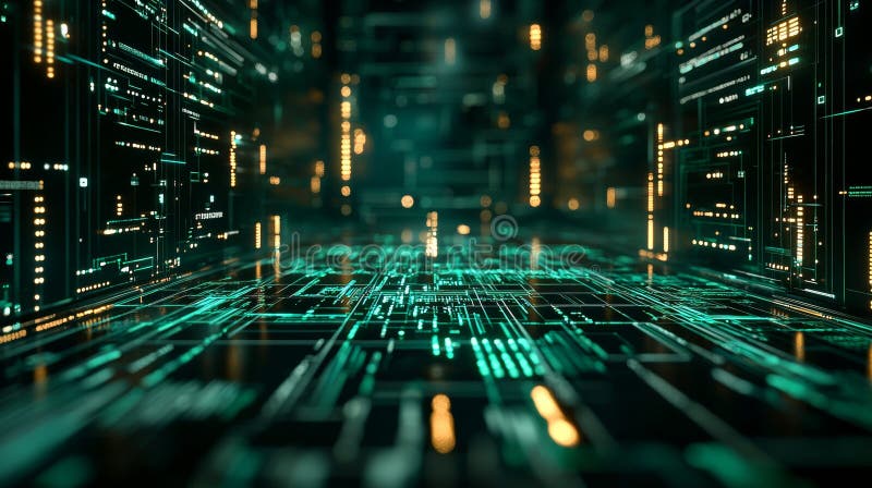 Intricate AI Network with Neon Lights and Data Flow Stock Illustration ...