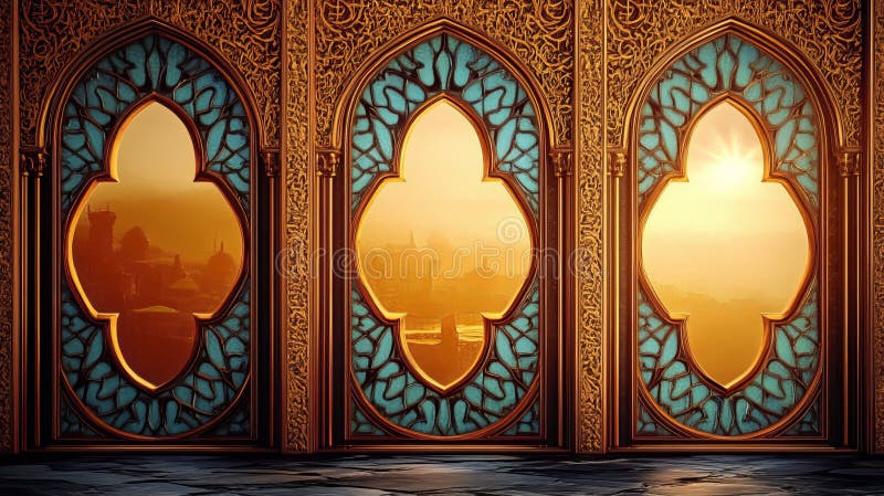 Intricate Arabesque Windows with a View of the Desert Oasis at Sunset ...