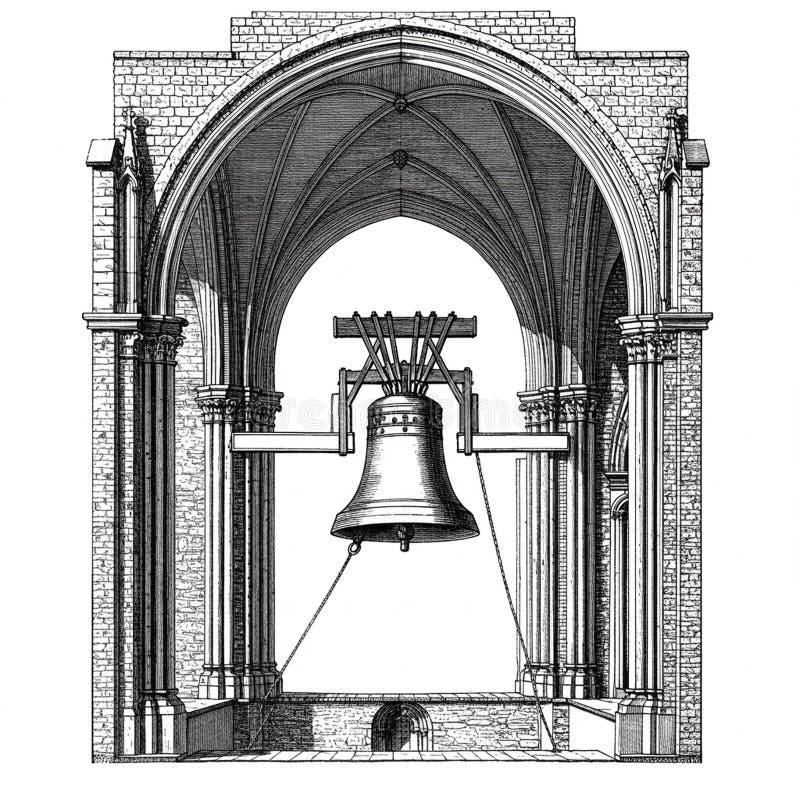 Intricate Architectural Drawing of a Bell Tower Featuring a Large Bell ...