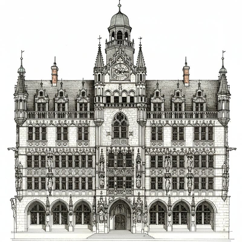 Intricate Architectural Drawing of a Grand Building Featuring Gothic ...