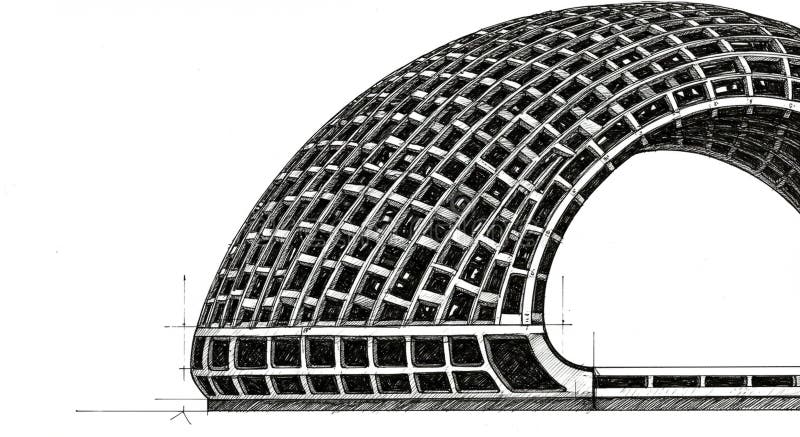 Intricate Architectural Drawing of a Hemispherical Structure with a ...