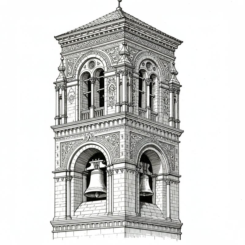 Intricate Architectural Illustration of a Bell Tower, Showcasing ...