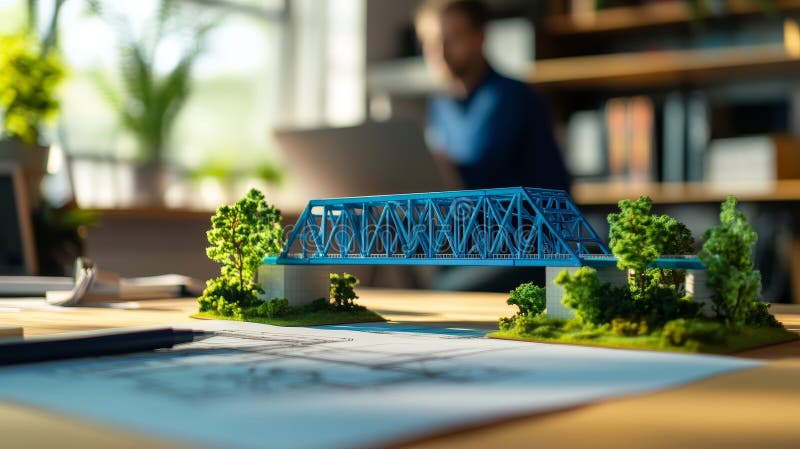 Intricate Architectural Model Bridge on Designer S Desk with Blueprint ...
