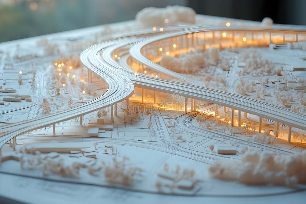 Intricate Architectural Model of a Highway Overpass with Illuminated ...