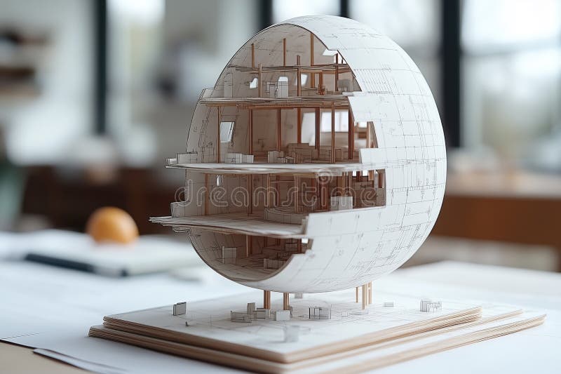 Intricate Architectural Model of Spherical Building with Layered ...