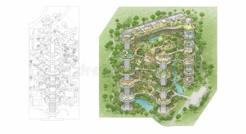 Intricate Architectural Plan Featuring a Futuristic, Multi-leveled ...